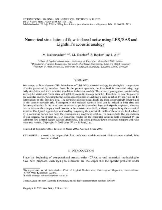 (PDF) Numerical simulation of flow-induced noise using LES/SAS and Lighthill's acoustic analogy