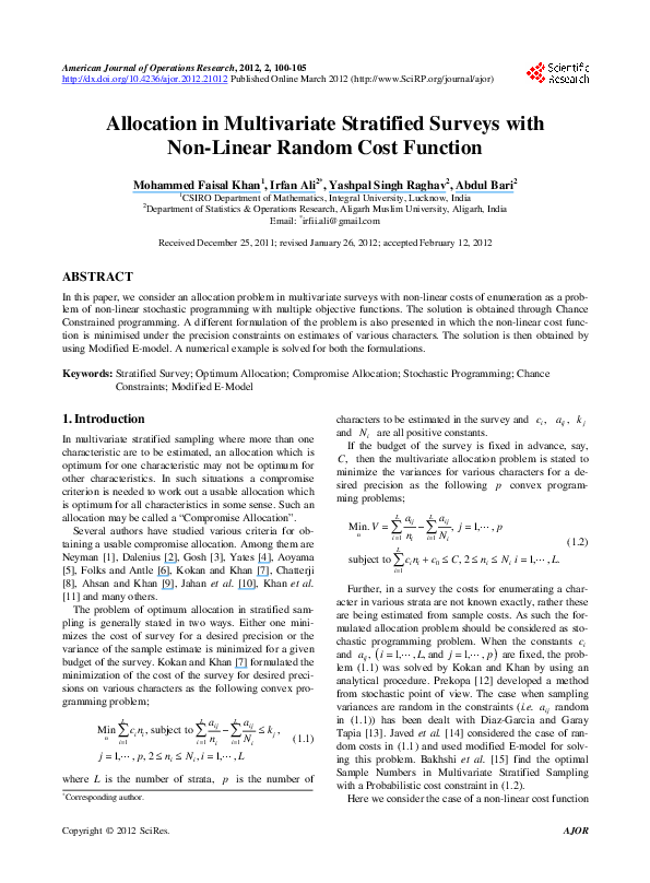 Pdf Allocation In Multivariate Stratified Surveys With Non Linear Random Cost Function