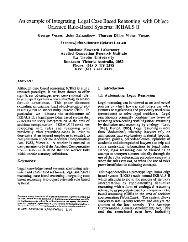 Pdf An Example Of Integrating Legal Case Based Reasoning With Object Oriented Rule Based