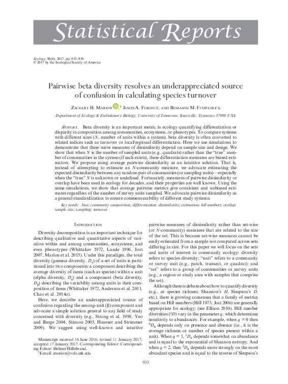 (PDF) Pairwise beta diversity resolves an underappreciated source of confusion in calculating ...
