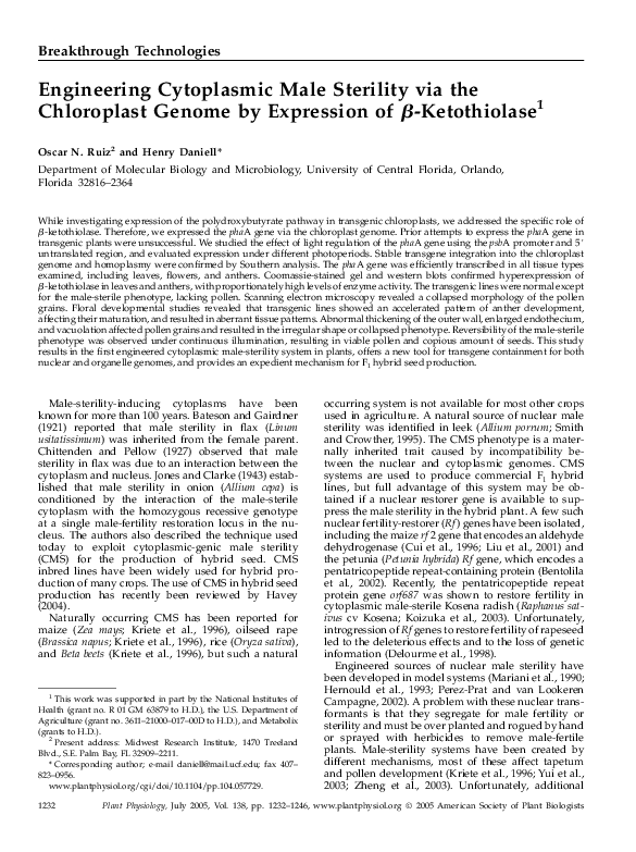 (PDF) Engineering Cytoplasmic Male Sterility via the Chloroplast Genome ...