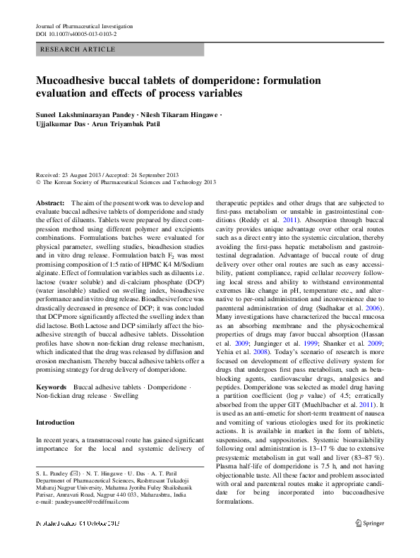 Pdf Mucoadhesive Buccal Tablets Of Domperidone Formulation Evaluation And Effects Of Process