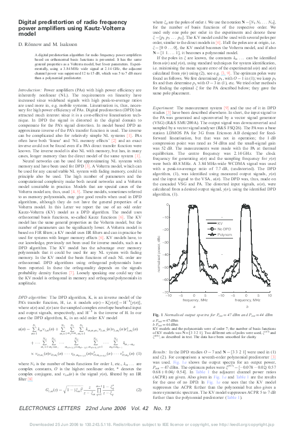 (PDF) Digital predistortion of radio frequency power amplifiers using Kautz-Volterra model | D ...
