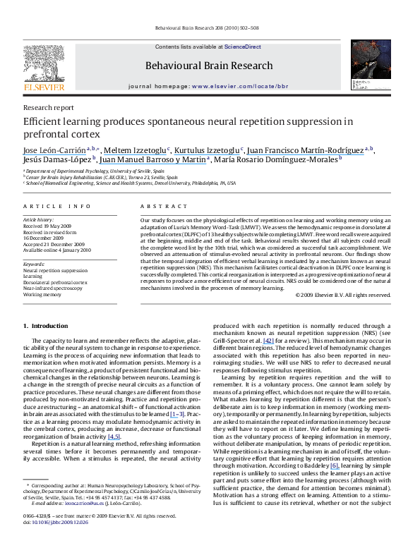 (PDF) Efficient learning produces spontaneous neural repetition suppression in prefrontal cortex