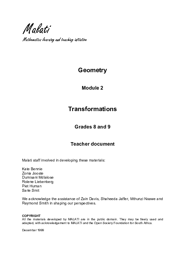 (PDF) Geometry Module 2 Transformations Grades 8 and 9 Teacher document Malati staff involved in ...