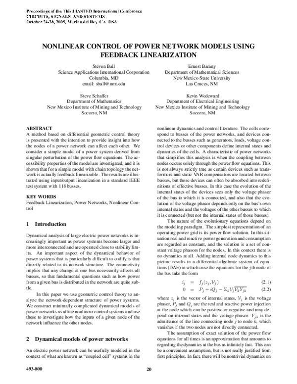 Pdf Nonlinear Control Of Power Network Models Using Feedback