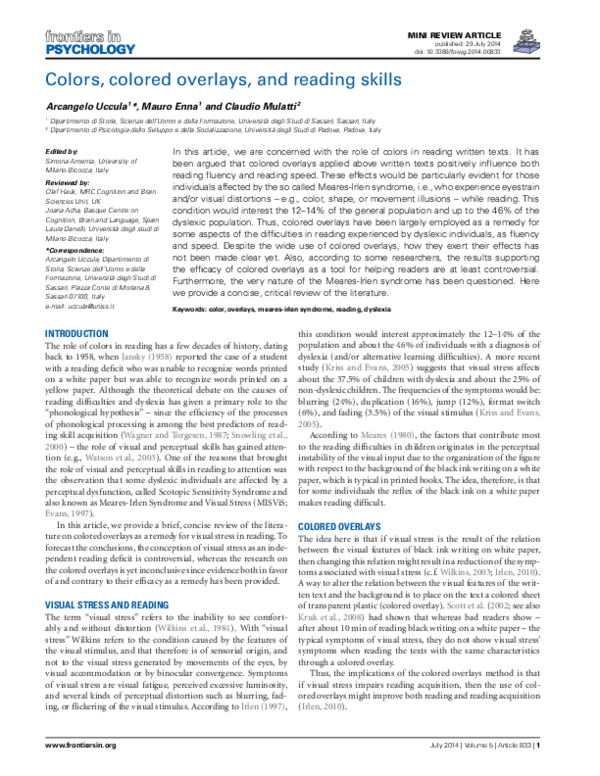 (PDF) Colors, colored overlays, and reading skills