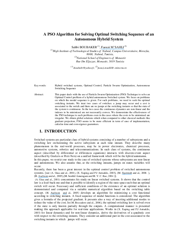 Pdf A Pso Algorithm For Solving Optimal Switching Sequence Of An