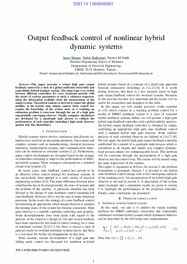 (PDF) Output feedback control of nonlinear hybrid dynamic systems