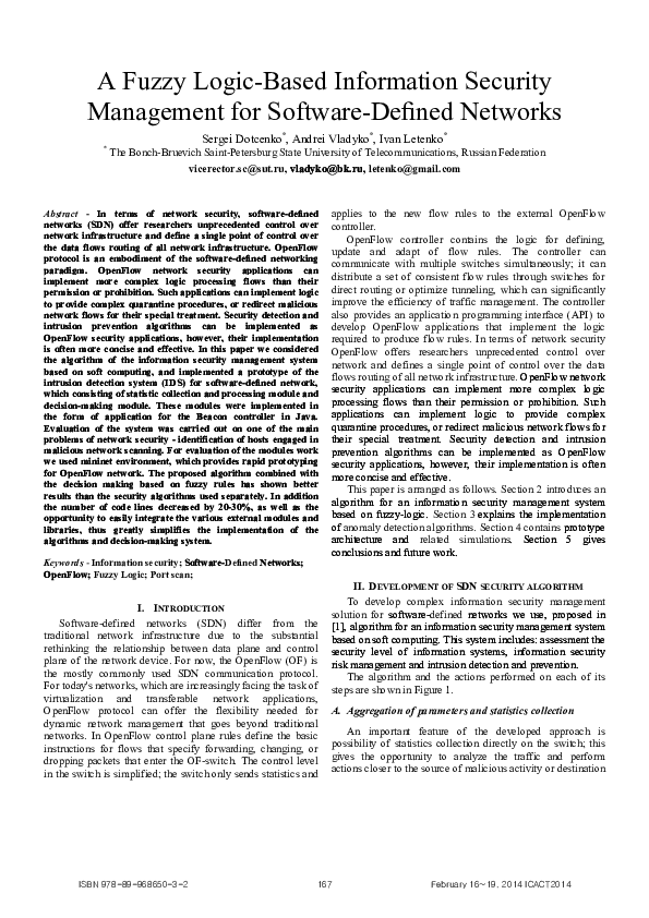 Pdf A Fuzzy Logic Based Information Security Management For Software Defined Networks