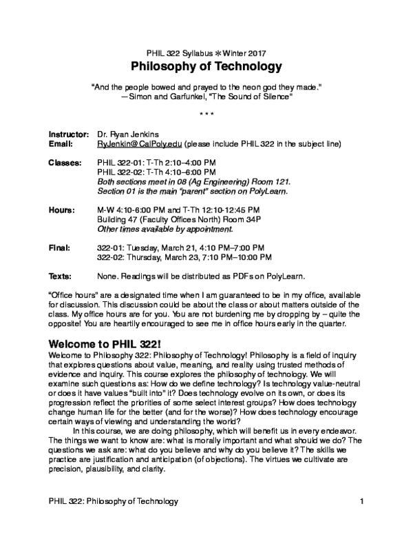 (PDF) Syllabus: Philosophy of Technology