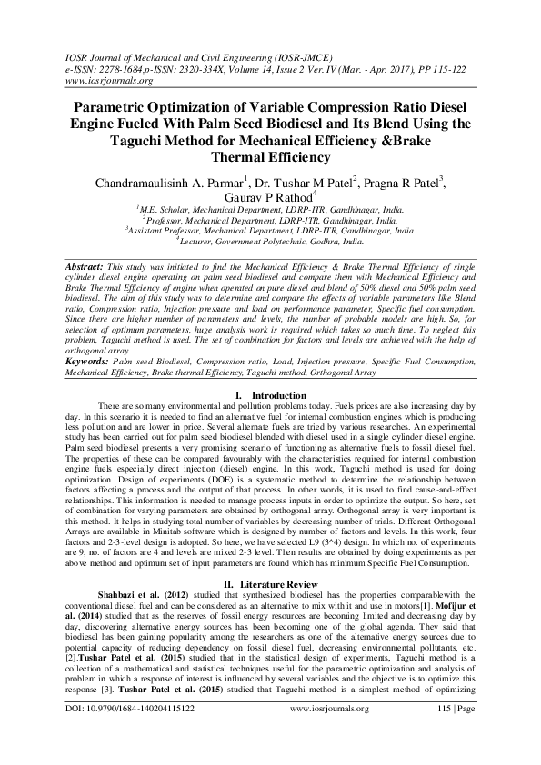 Pdf Parametric Optimization Of Variable Compression Ratio Diesel Engine Fueled With Palm Seed