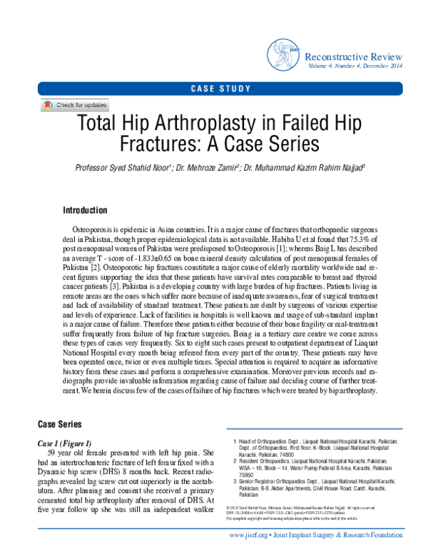 (PDF) Total Hip Arthroplasty in Failed Hip Fractures: A Case Series