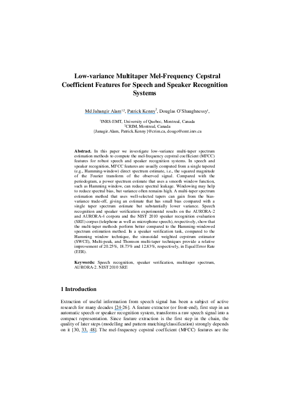 (PDF) Low-variance Multitaper Mel-frequency Cepstral Coefficient Features for Speech and Speaker ...