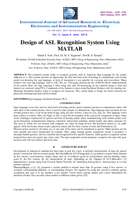(PDF) Design of ASL Recognition System Using MATLAB