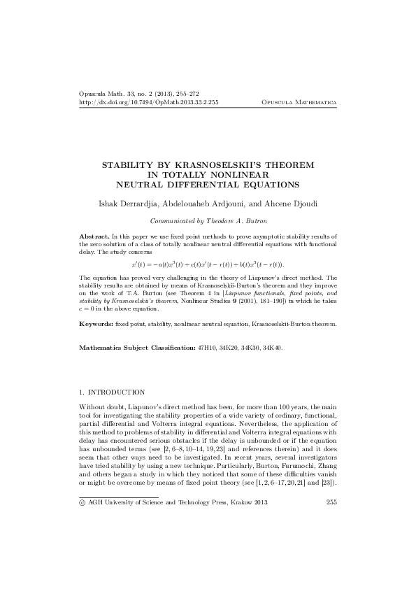 (PDF) Stability by Krasnoselskii’s theorem in totally nonlinear neutral differential equations