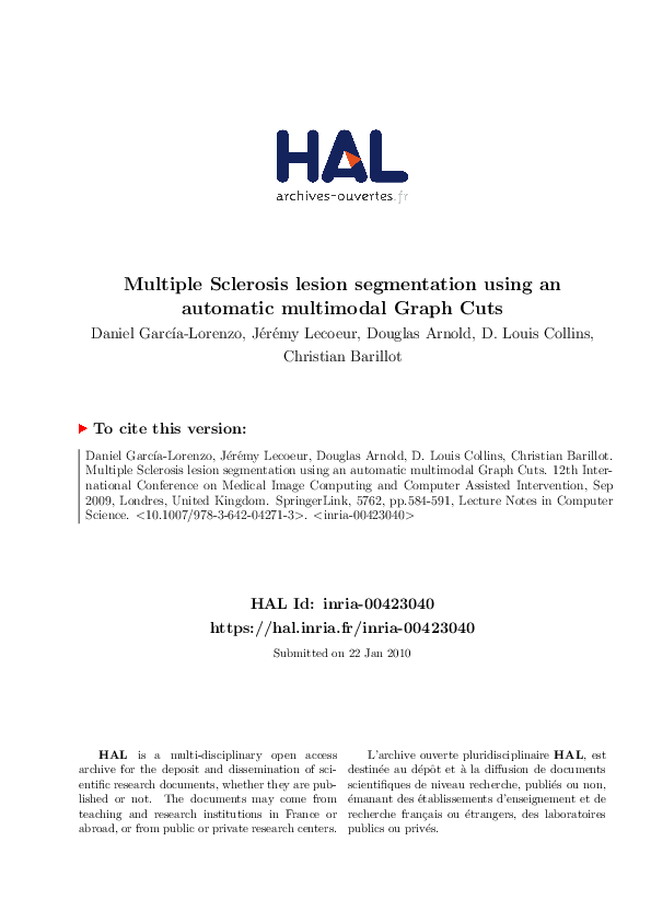 (PDF) Multiple sclerosis lesion segmentation using an automatic multimodal graph cuts