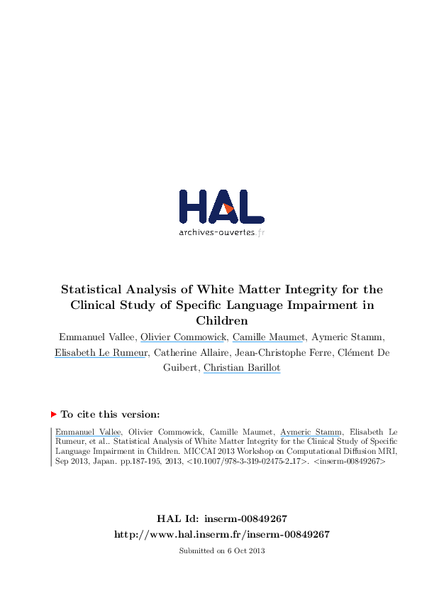 (PDF) Statistical Analysis of White Matter Integrity for the Clinical Study of Typical Specific ...
