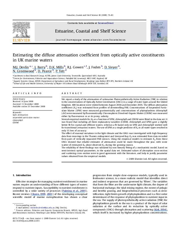(PDF) Estimating the diffuse attenuation coefficient from optically active constituents in UK ...