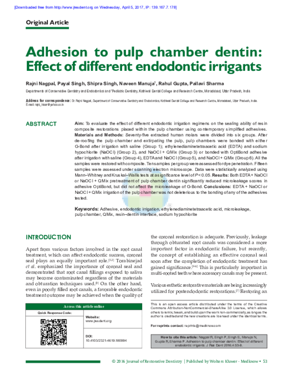 (PDF) Adhesion to pulp chamber dentin: Effect of different endodontic ...