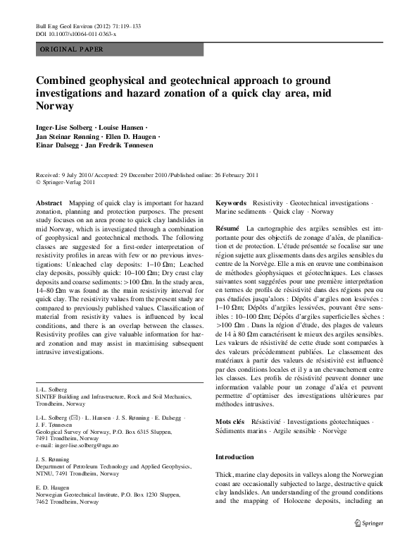 (PDF) Mapping of quick clay using geoelectrical imaging and CPTU-resistivity | H. Löfroth ...
