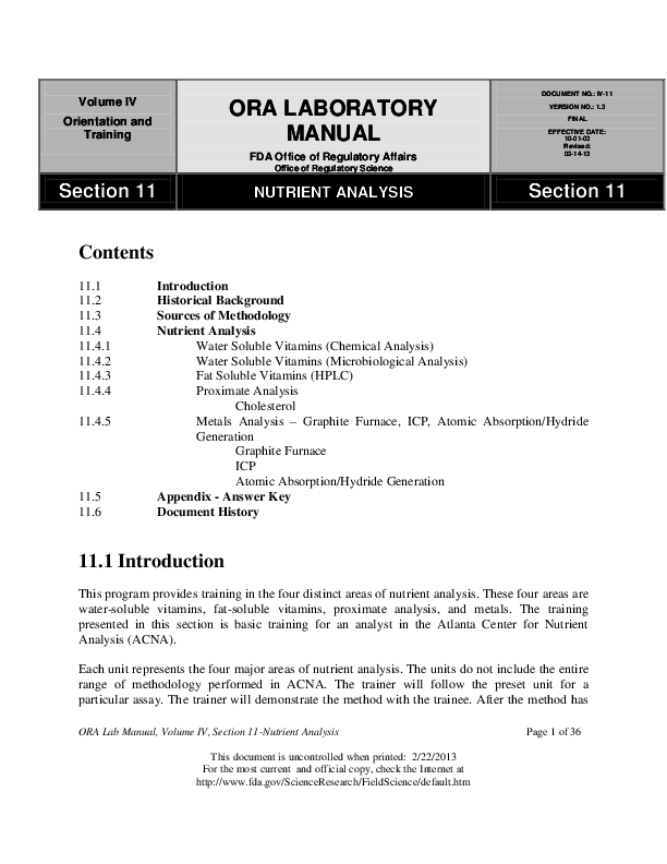 (PDF) ORA LABORATORY MANUAL FDA Office of Regulatory Affairs Section 11 NUTRIENT ANALYSIS