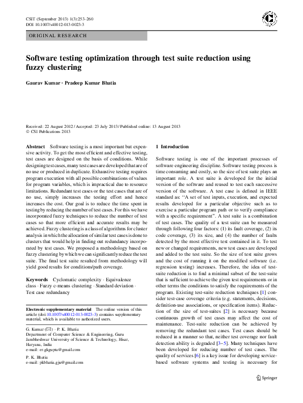 Pdf Software Testing Optimization Through Test Suite Reduction Using Fuzzy Clustering Gaurav