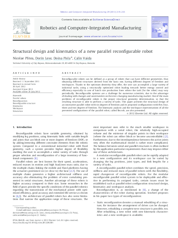 (PDF) Structural design and kinematics of a new parallel reconfigurable robot