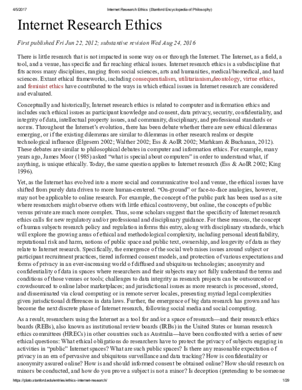 (PDF) Internet Research Ethics (Stanford Encyclopedia of Philosophy)