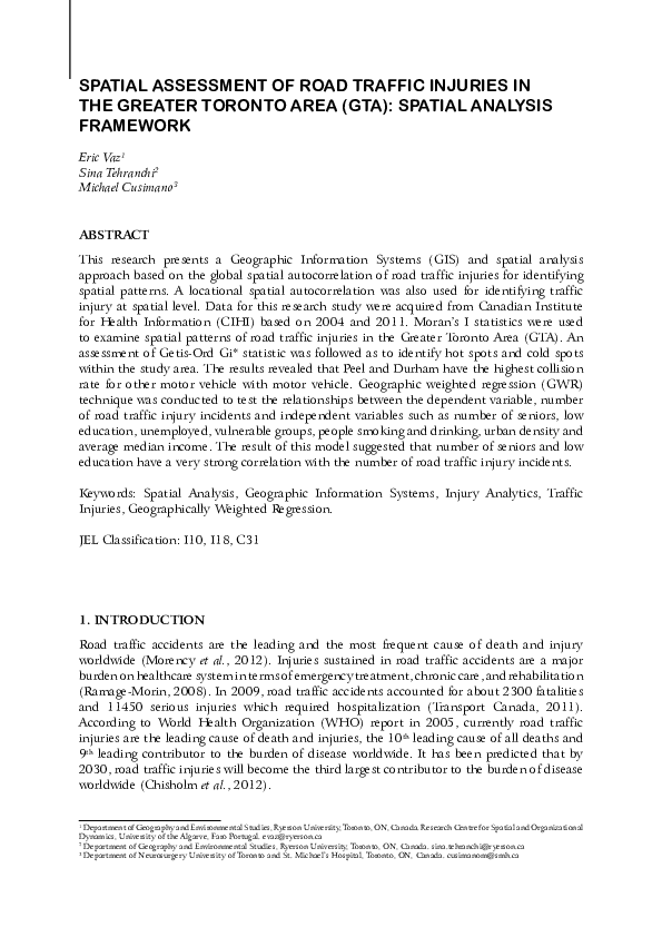 (PDF) SPATIAL ASSESSMENT OF ROAD TRAFFIC INJURIES IN THE GREATER TORONTO AREA (GTA): SPATIAL ...
