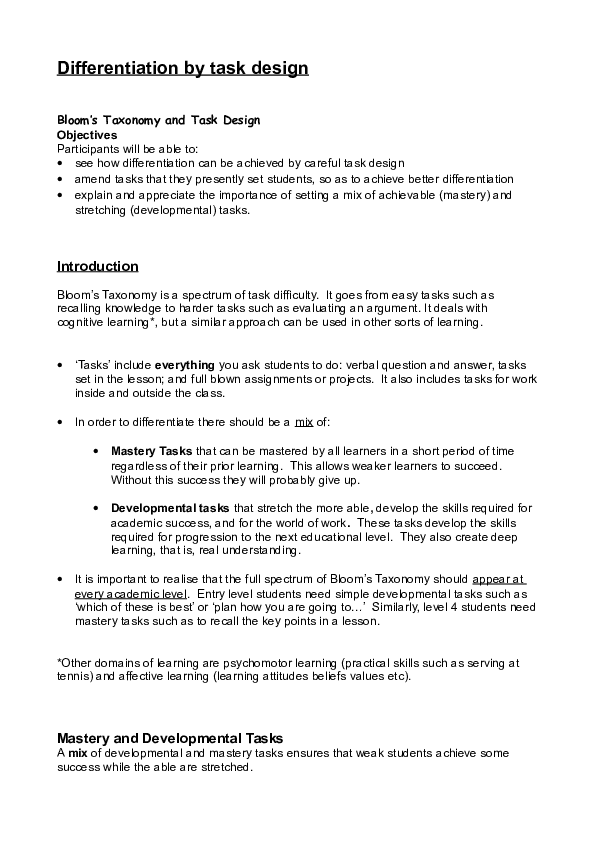 (DOC) Differentiation by task design Bloom's Taxonomy and Task Design