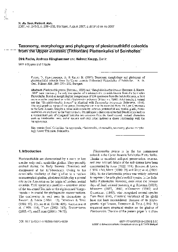 (PDF) Taxonomy, morphology and phylogeny of plesioteuthidid coleoids ...