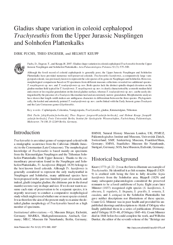 (PDF) Gladius shape variation in coleoid cephalopod Trachyteuthis from ...