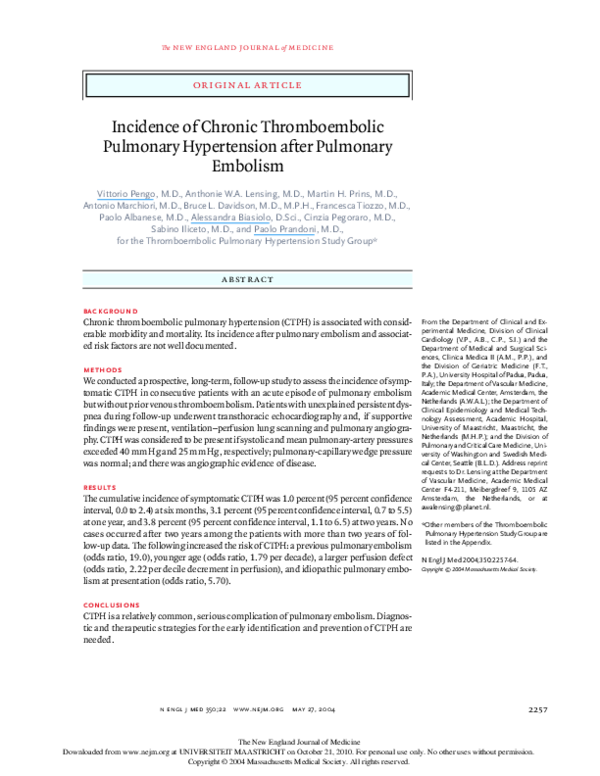 (PDF) Incidence of Chronic Thromboembolic Pulmonary Hypertension After ...