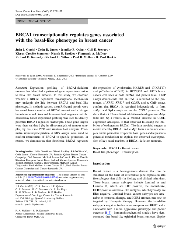 (PDF) BRCA1 transcriptionally regulates genes associated with the basal ...