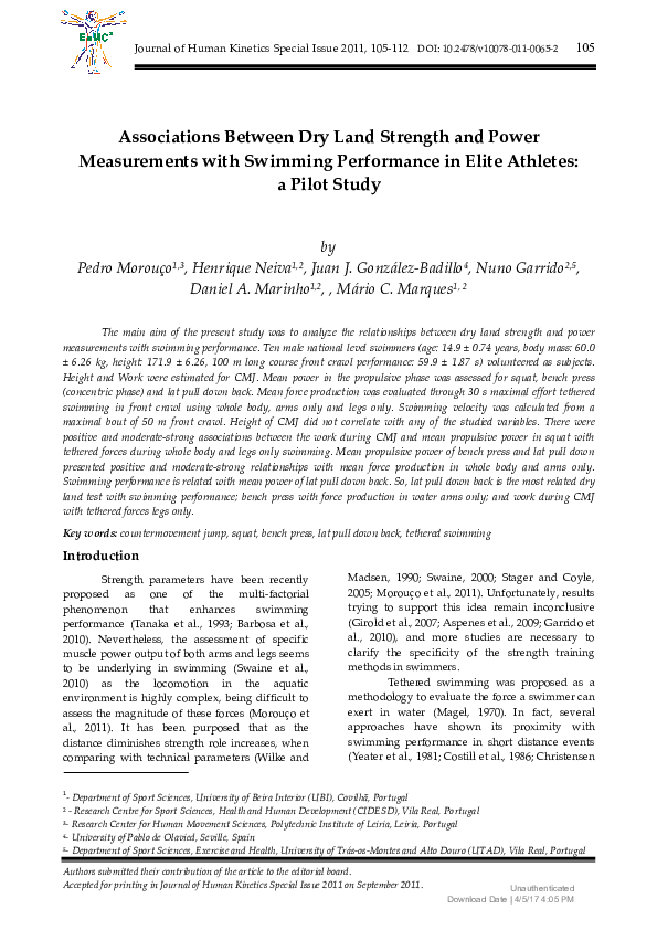 (PDF) Associations Between Dry Land Strength and Power Measurements with Swimming Performance in ...