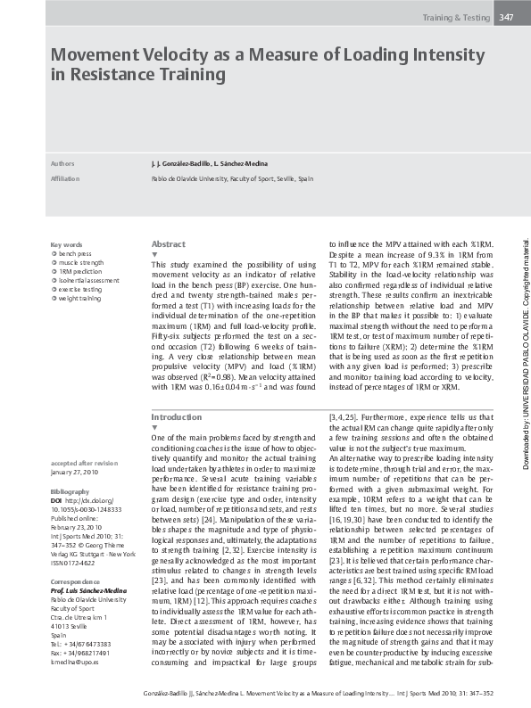 (PDF) Movement Velocity as a Measure of Loading Intensity in Resistance Training