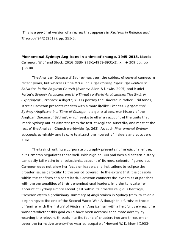 (DOC) Marcia Cameron, Phenomenal Sydney: Anglicans in a time of change ...