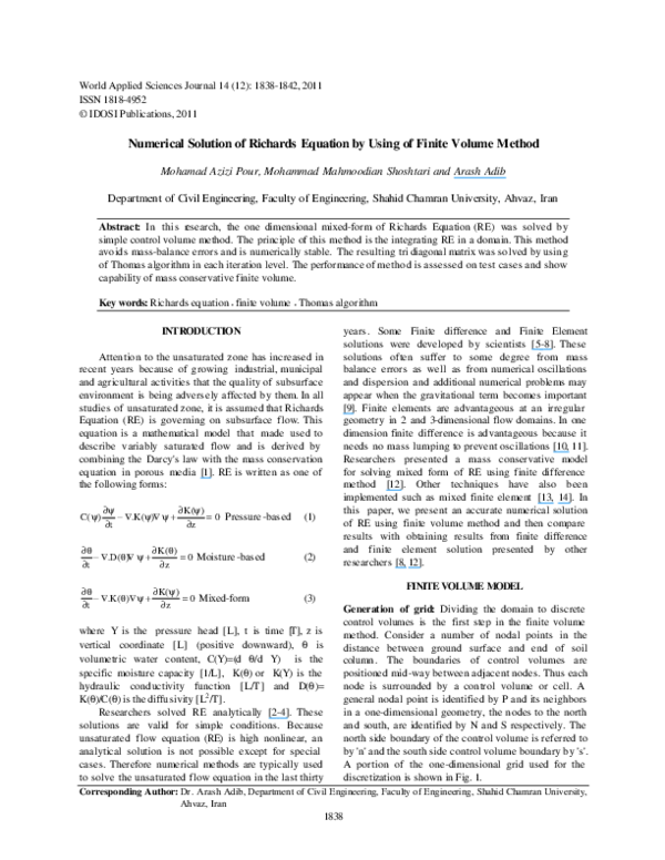 Pdf Numerical Solution Of Richards Equation By Using Of Finite Volume Method Arash Adib