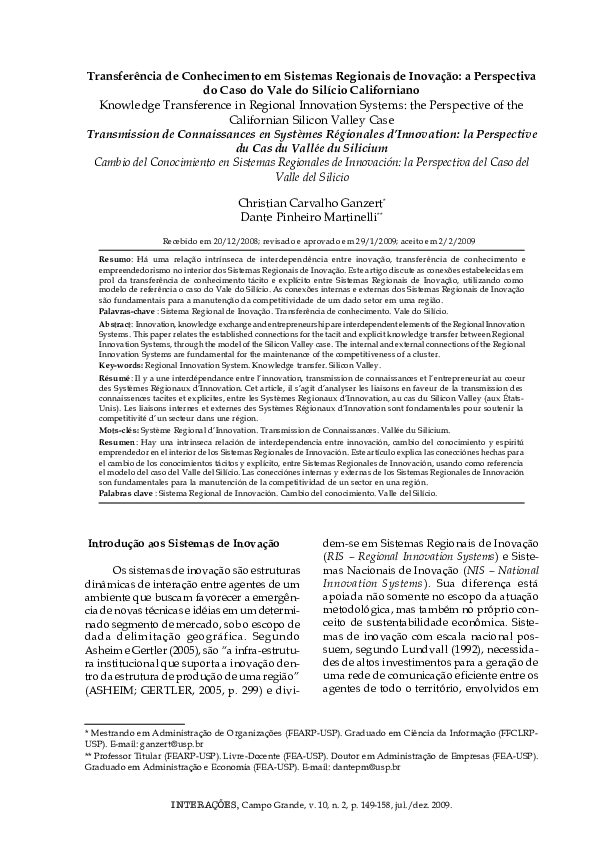 (PDF) Knowledge transference in regional innovation systems: the perspective of the Californian ...