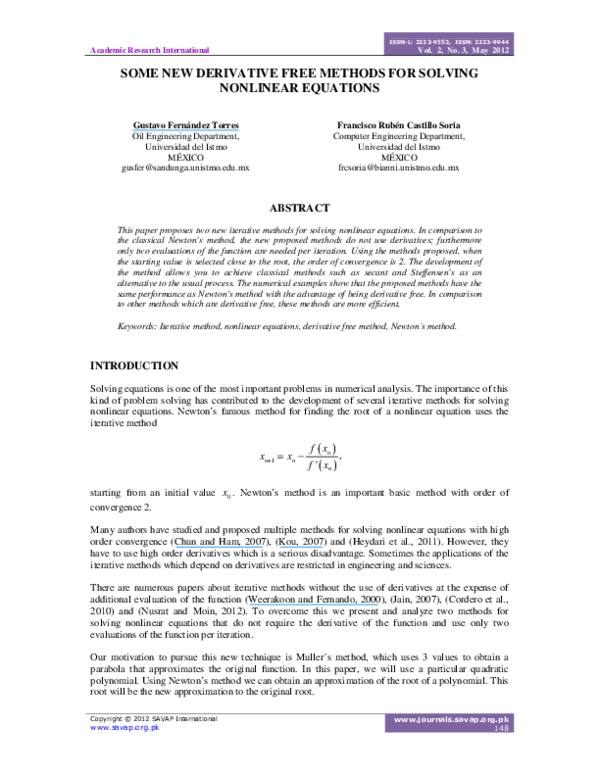 Pdf Some New Derivative Free Methods For Solving Nonlinear Equations