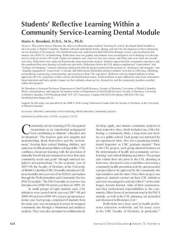 (PDF) A Students ‘reflective learning within a community service ...