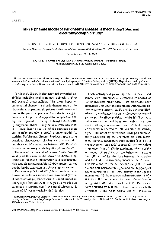 (PDF) MPTP primate model of Parkinson's disease: a mechanographic and ...