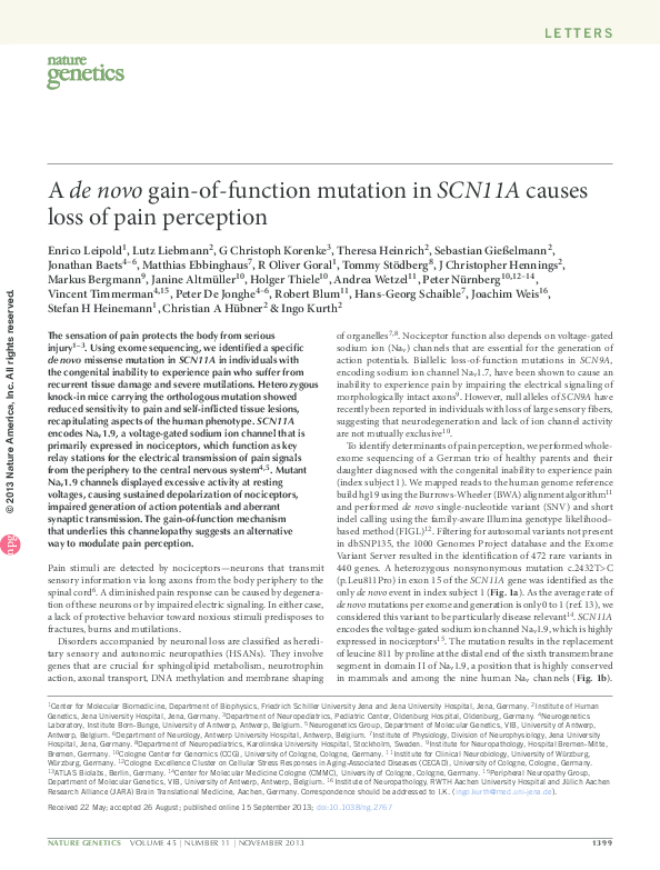 (PDF) A de novo gain-of-function mutation in SCN11A causes loss of pain ...