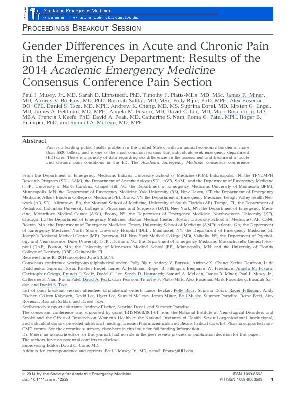 (PDF) Gender differences in acute and chronic pain in the emergency ...