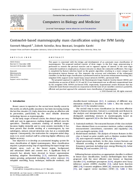 (PDF) Contourlet-based mammography mass classification using the SVM family | Reza Boostani ...