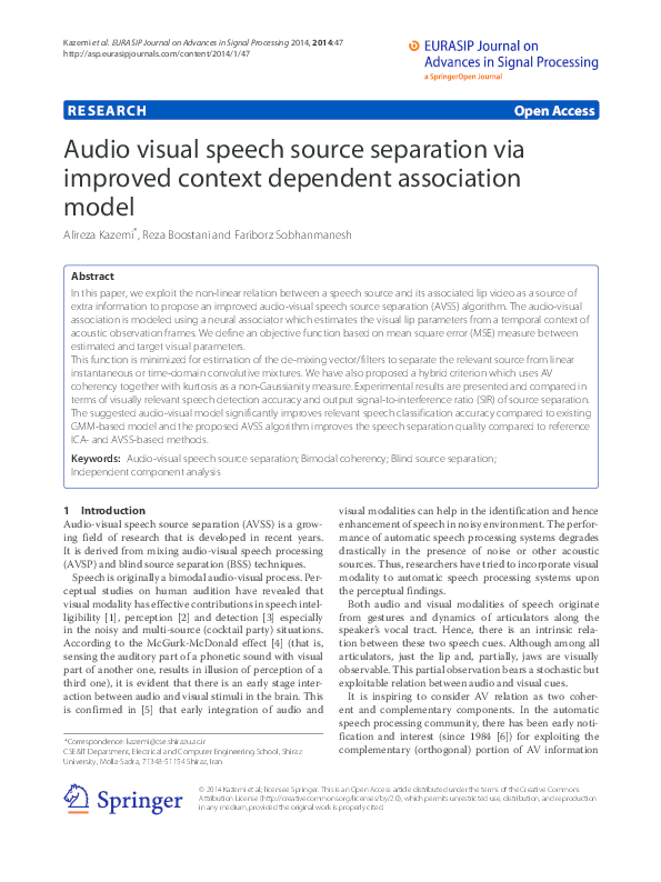 Pdf Audio Visual Speech Source Separation Via Improved Context Dependent Association Model