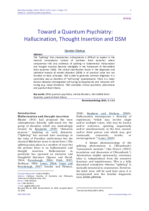 (PDF) Toward a Quantum Psychiatry: Hallucination, Thought Insertion and DSM