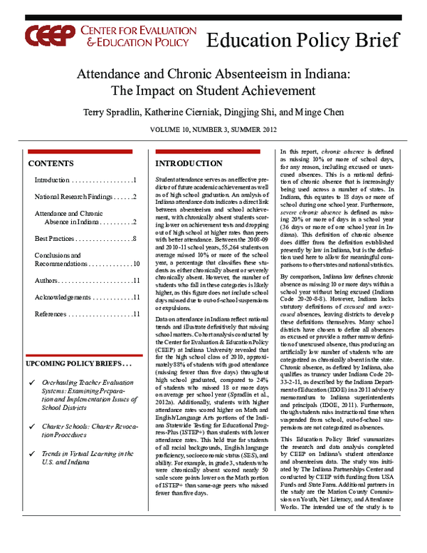 (PDF) Attendance and Chronic Absenteeism in Indiana: The Impact on Student Achievement ...