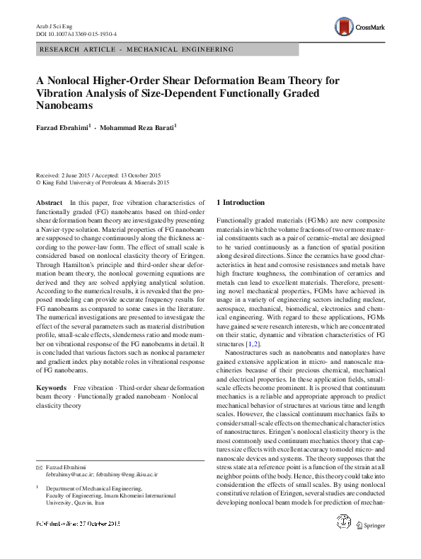 (PDF) A Nonlocal Higher-Order Shear Deformation Beam Theory for Vibration Analysis of Size ...
